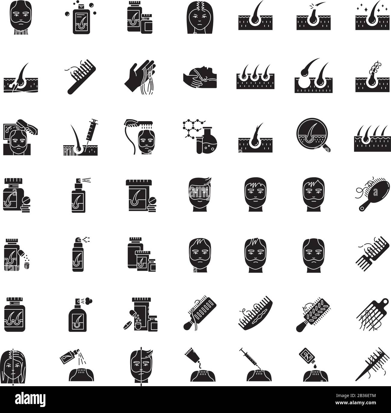 Hair loss black glyph icons set on white space. Baldness and alopecia ...