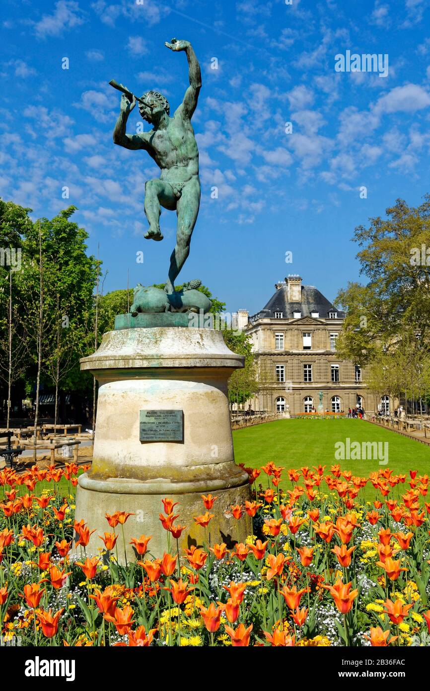 France, Paris, Odeon district, Luxembourg garden, Dancing Faun statue ...