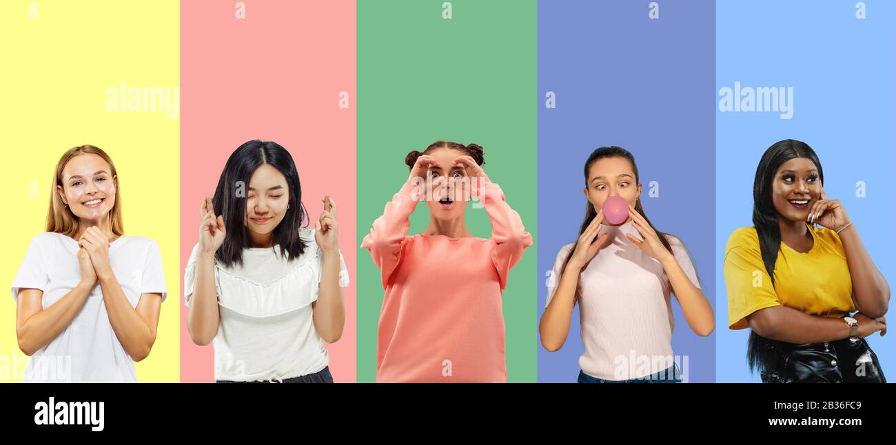 Portrait of group of emotional people on multicolored background. Flyer ...