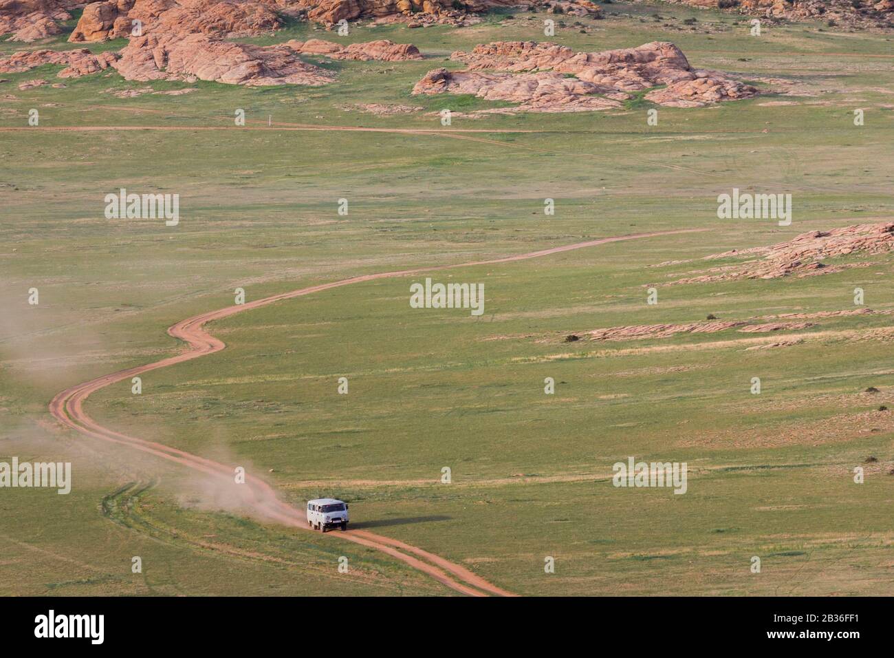 Mongolia, Dundgovi province, steppe landscape and Chuluu Mountains near ...