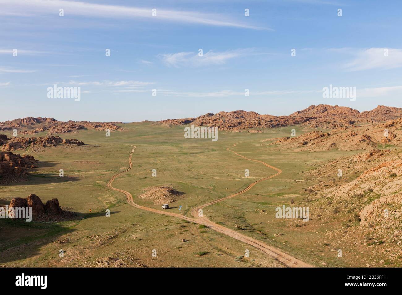 Mongolia, Dundgovi province, steppe landscape and Chuluu Mountains near ...