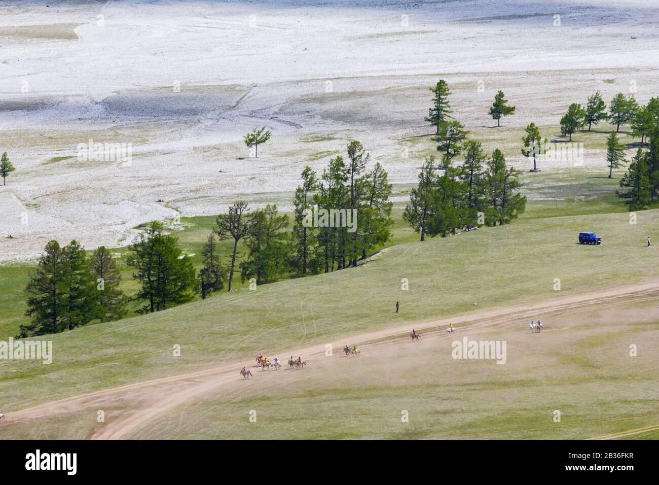 Mongolia, Khovsgol province, Khatgal, elevated view of Naadam horse ...