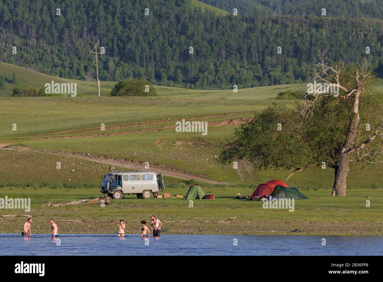 Mongolia, Bulgan province, near Namnang, UAZ 452 minibus and group of ...