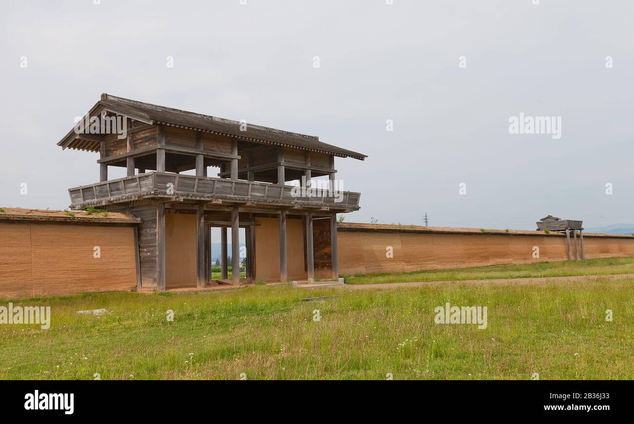 Reconstructed Outer South Gate and clay wall (tsuijibei) of Shiwa ...