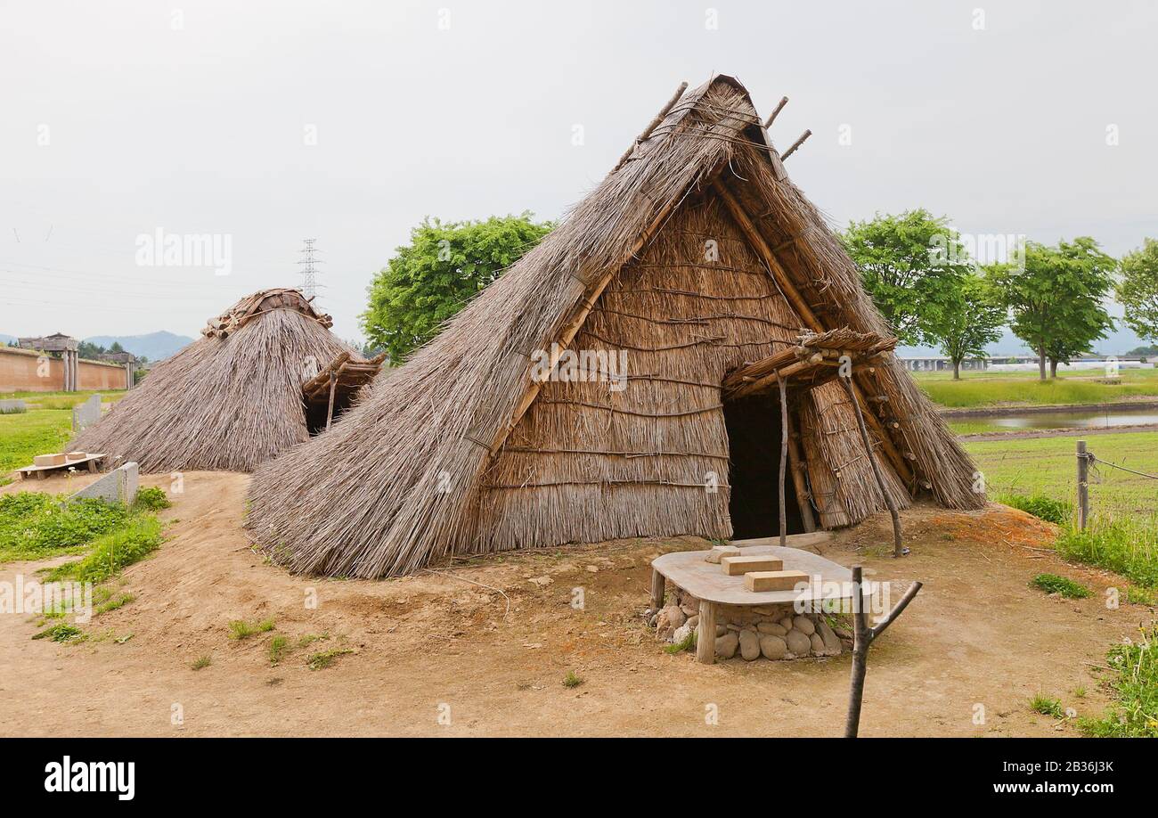 Reconstructed residential barracks (9th c.) of Shiwa Castle in Morioka ...