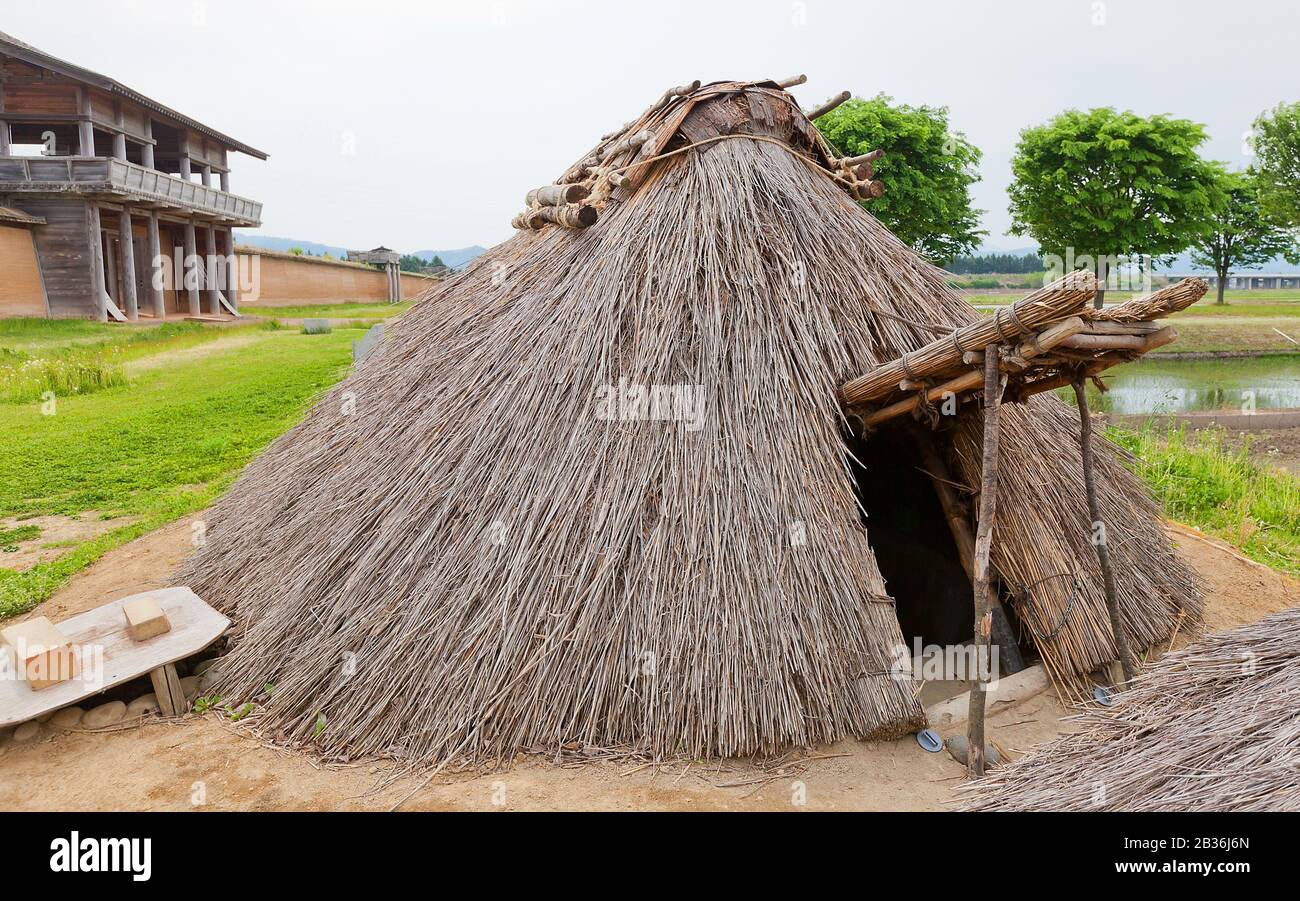 Reconstructed residential barracks (9th c.) of Shiwa Castle in Morioka ...