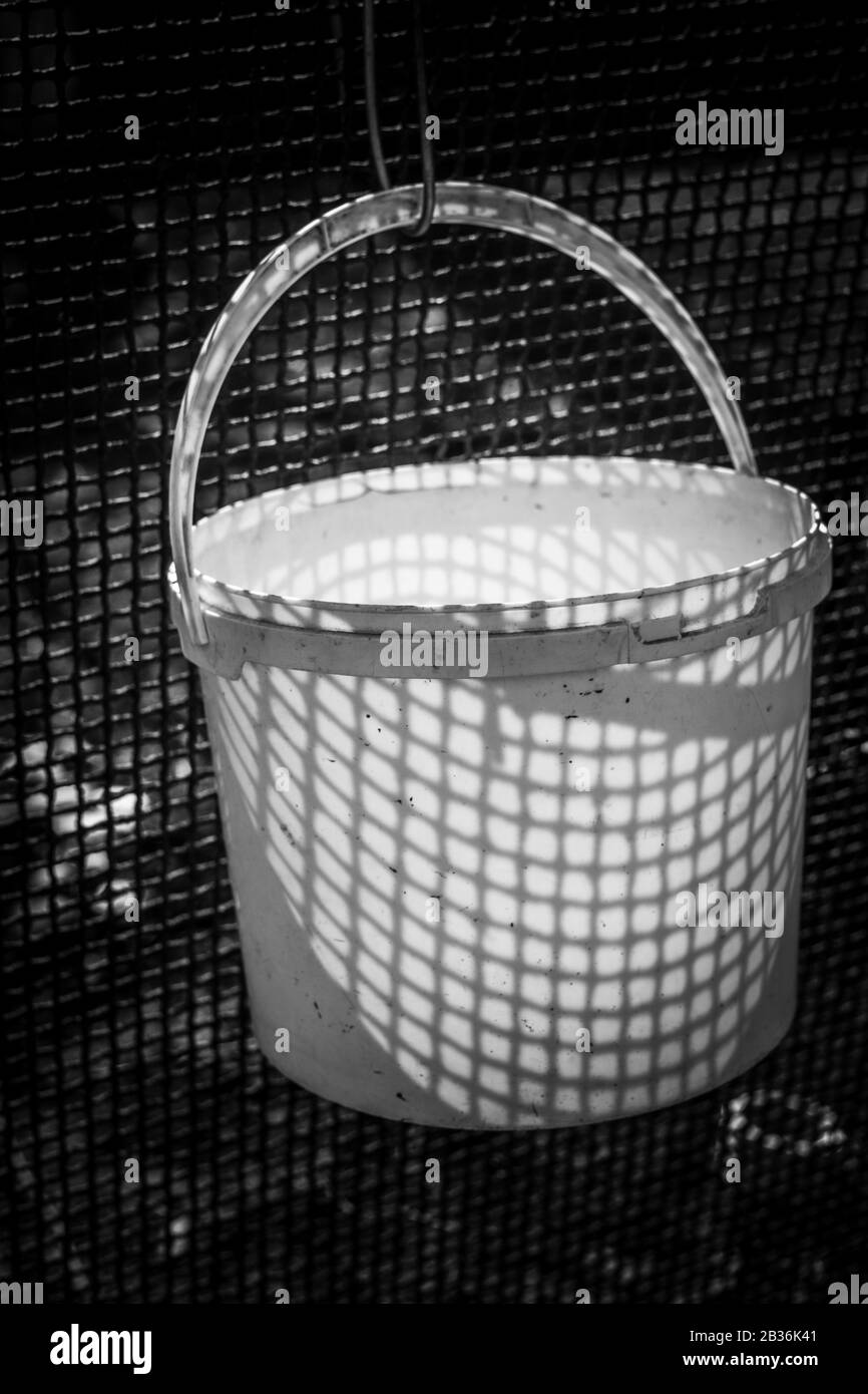 A plastic bucket hangs on an old fence net. Rustic supplies Stock Photo ...