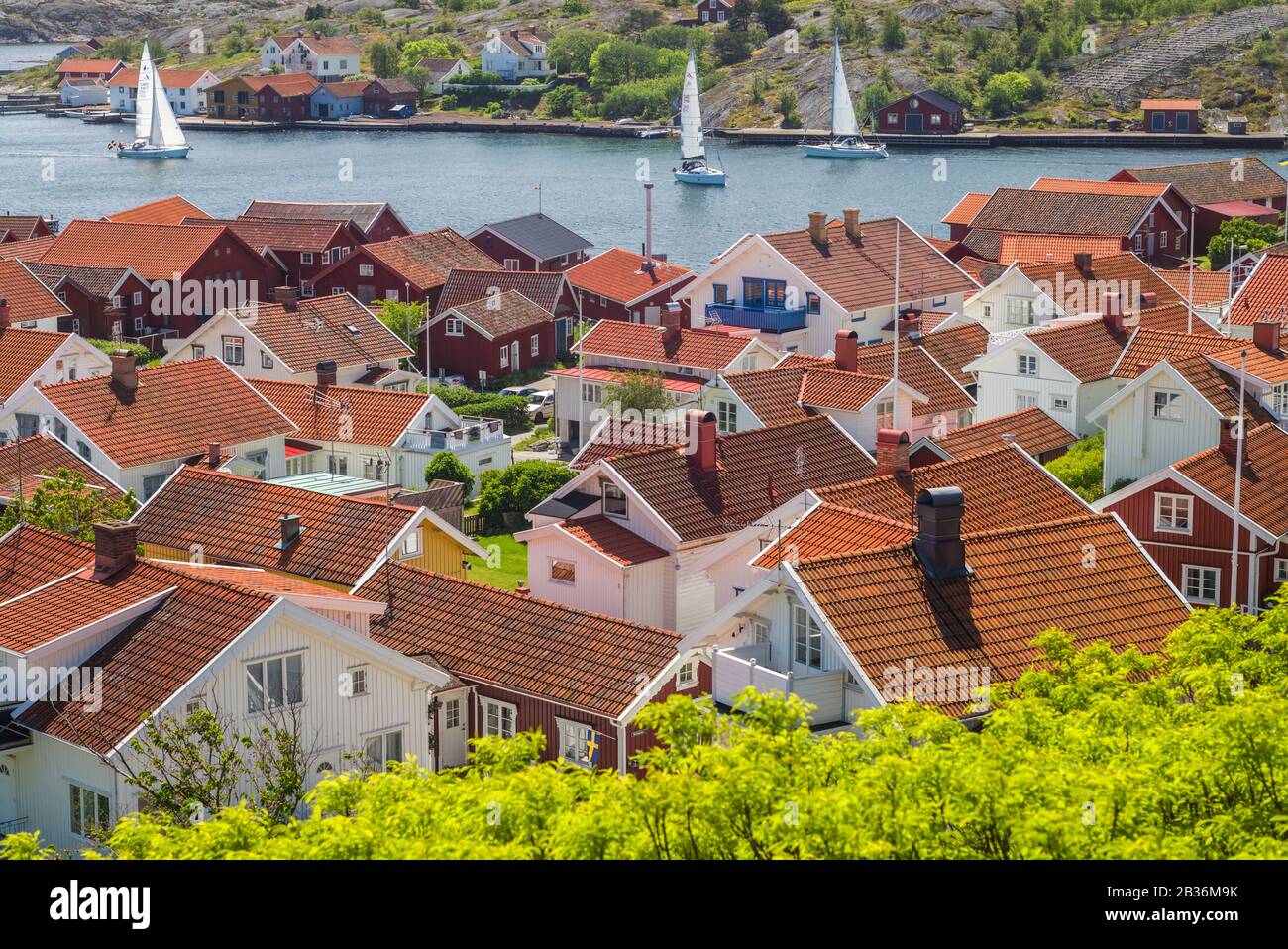 Sweden, Bohuslan, Orust Island, Mollosund, high angle village view ...