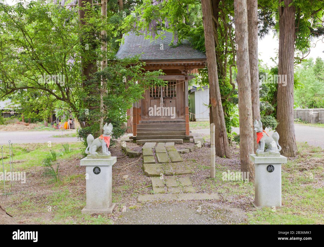 Small worship hall of Inari Shinto Shrine with kitsune fox guards ...