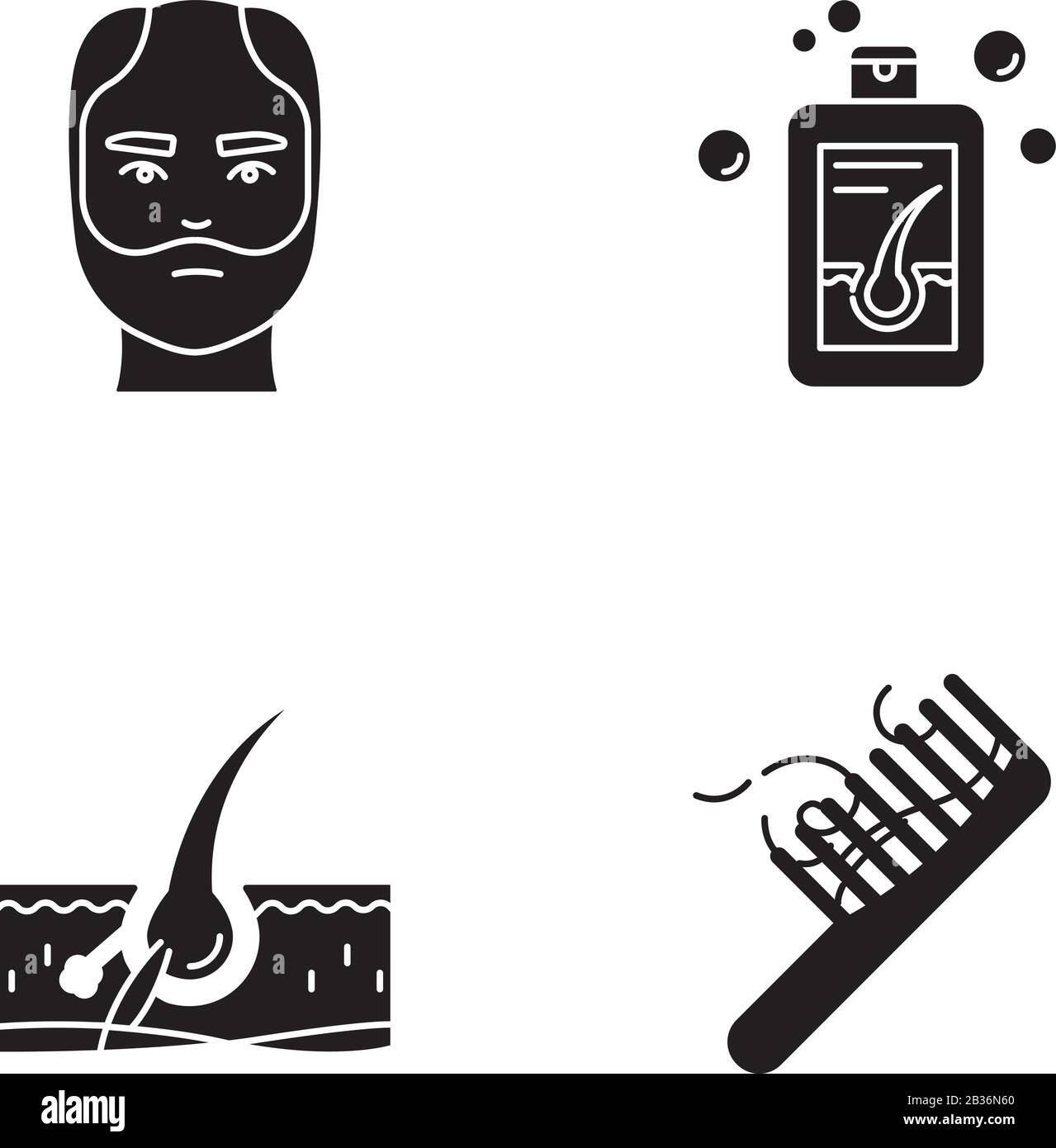 Hair loss black glyph icons set on white space. Man balding treatment ...