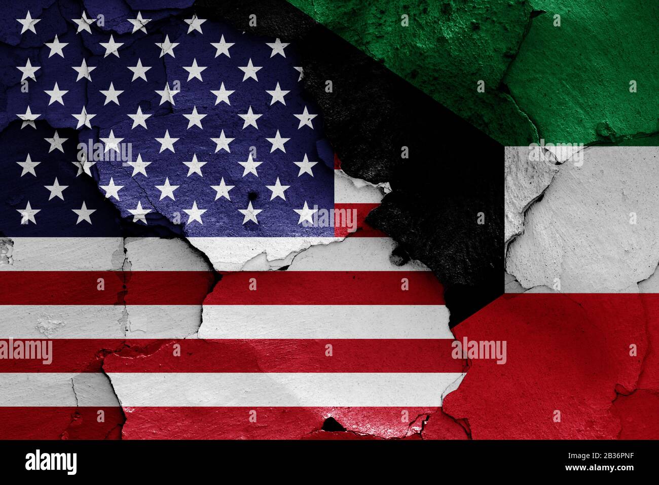 flags of USA and Kuwait painted on cracked wall Stock Photo - Alamy