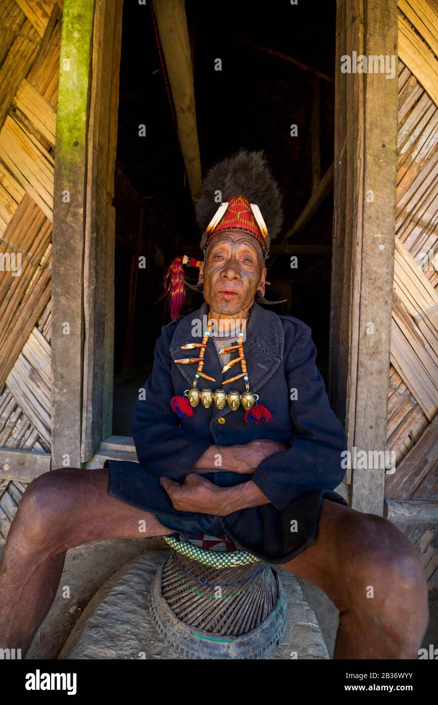 India, Nagaland, Longwa, Konyak tribe, visiting the last tatooed ...