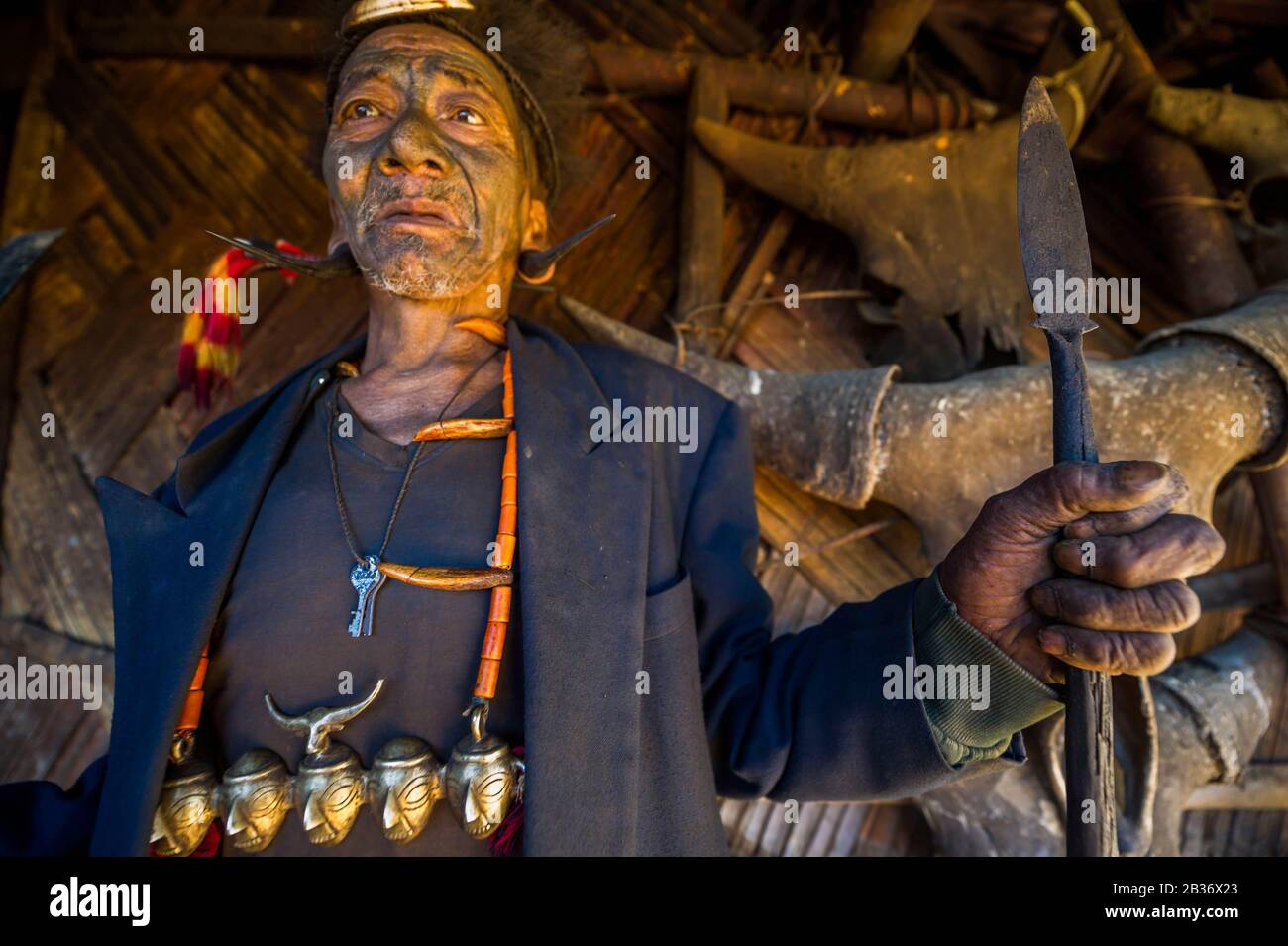 India, Nagaland, Longwa, Konyak tribe, visiting the last tatooed ...
