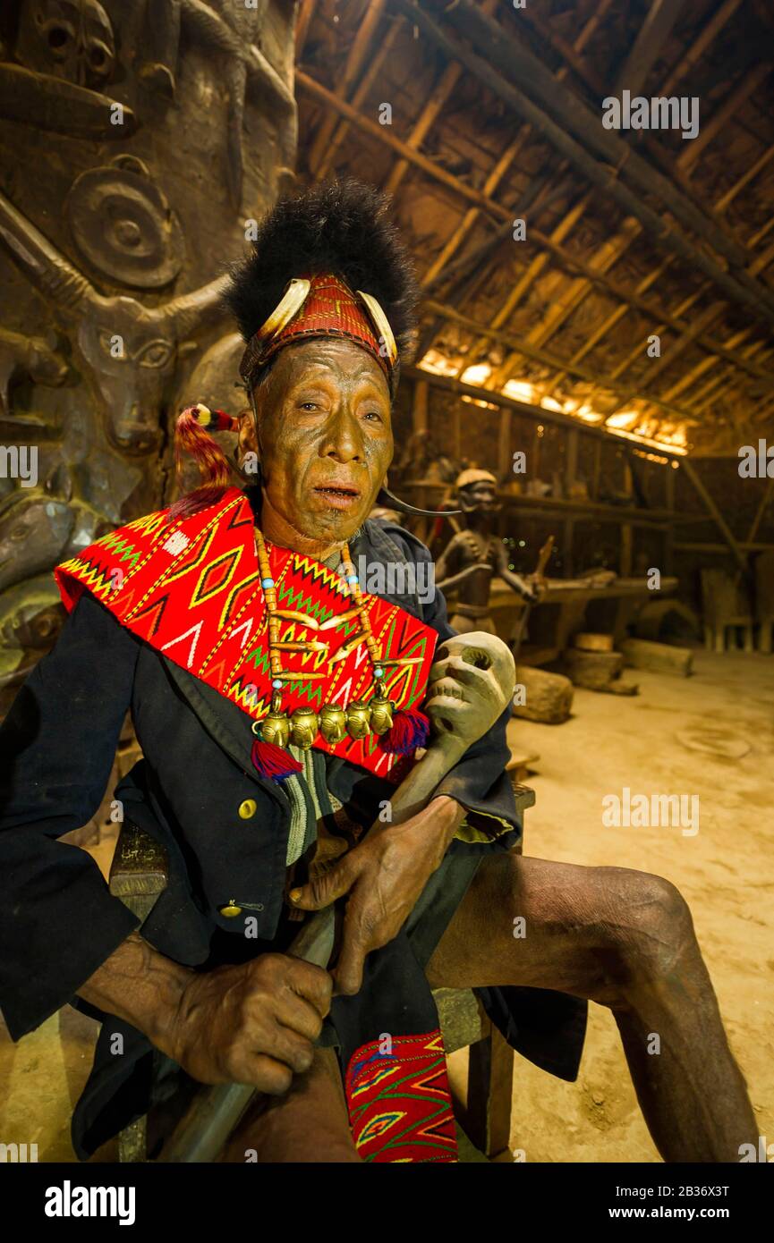 India, Nagaland, Longwa, Konyak tribe, visiting the last tatooed ...