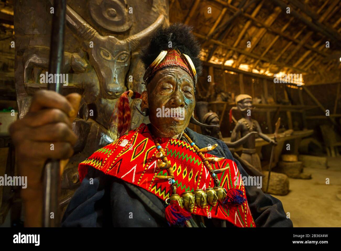 India, Nagaland, Longwa, Konyak tribe, visiting the last tatooed ...
