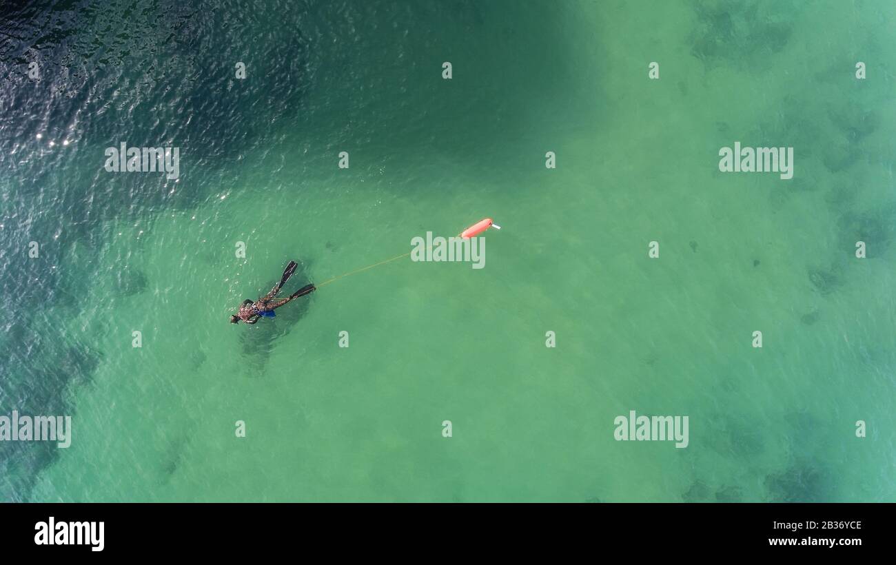 Underwater hunter on the surface of the water while hunting on the ...