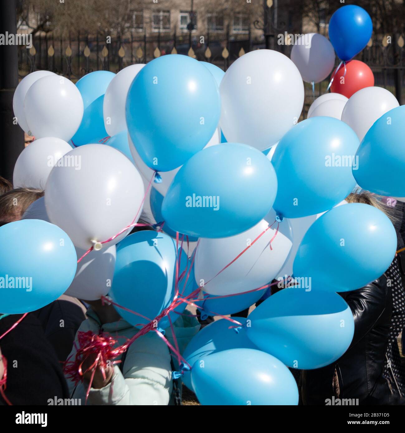 Blue and white balloons crowd round shiny Stock Photo - Alamy