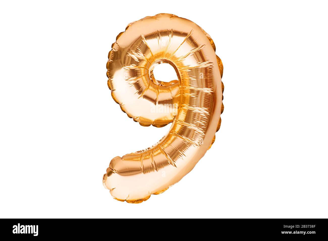 Number 9 nine, made of golden inflatable helium balloon. Gold foil ...