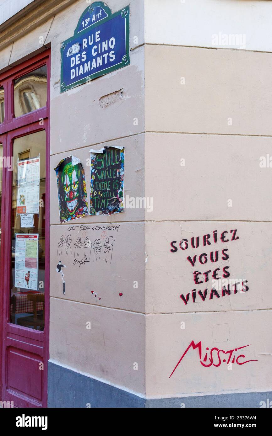 France, Paris, street art, writting and mural by street artist Miss.Tic ...