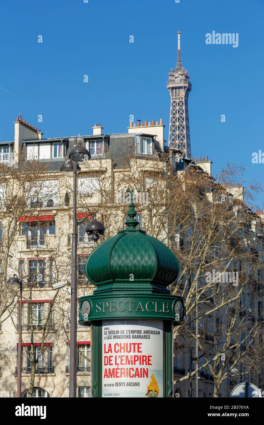 France, Paris, Morris column, street lamp, facade of an apartment ...