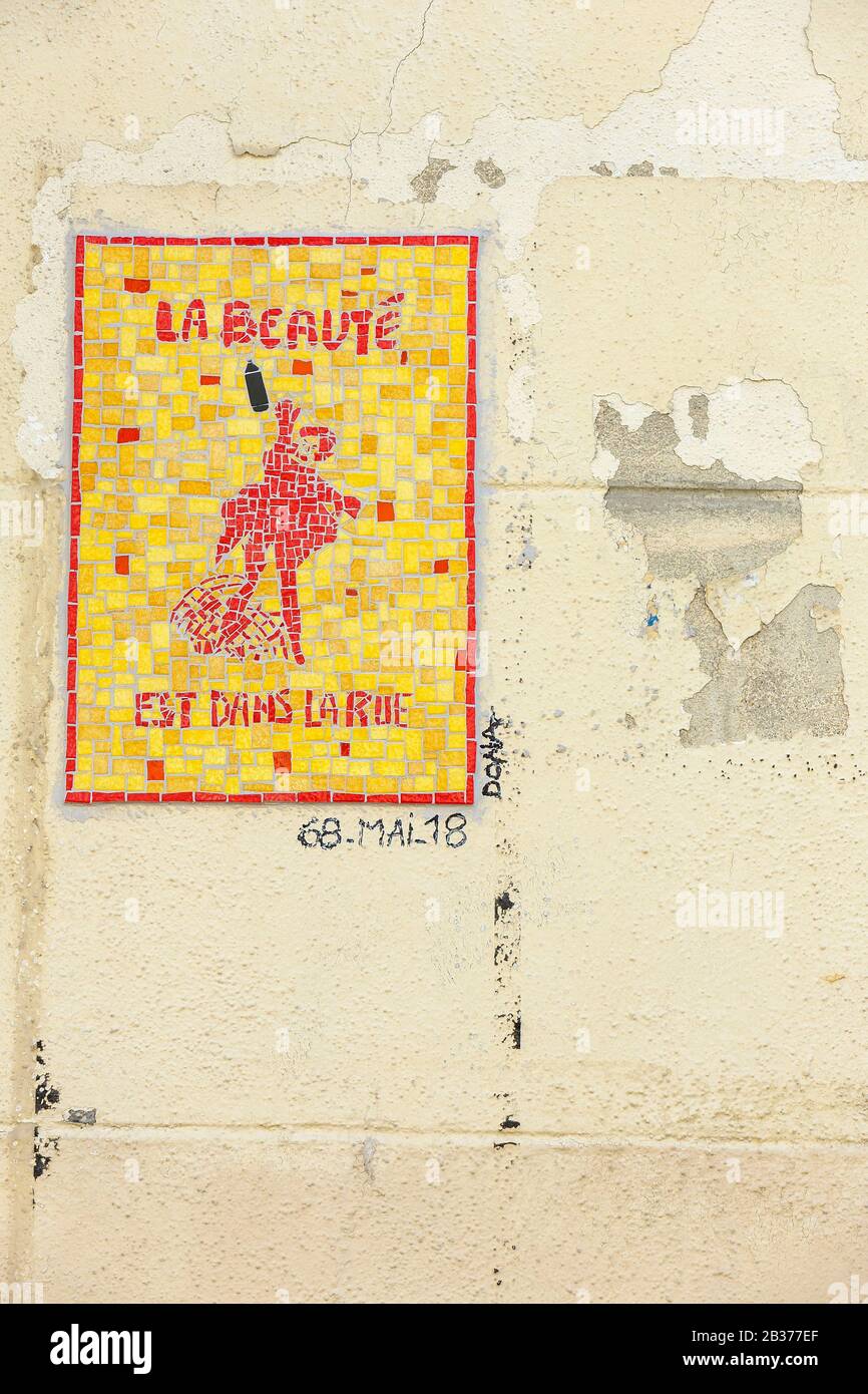 France, Paris, street art, mosaic and mural by street artist Dona on a ...