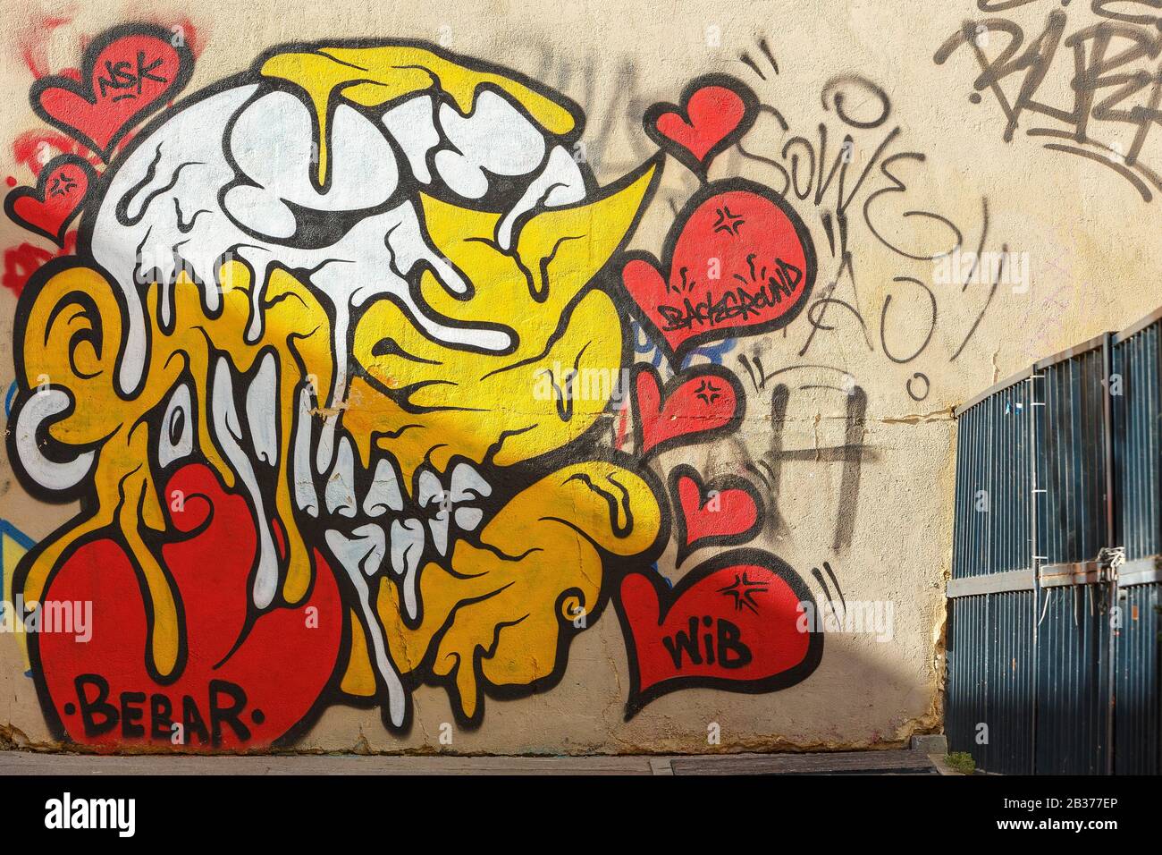 France, Paris, street art by Bebar on a facade in Rue Buot in Butte aux ...