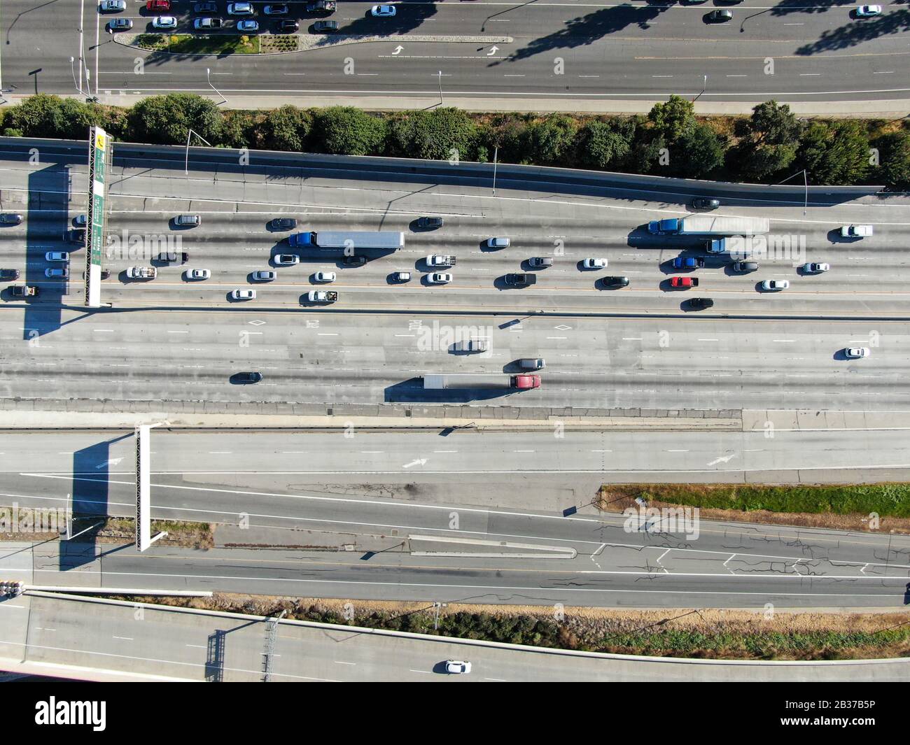 Aerial top view of highway with traffic in Diamond Bar City ...