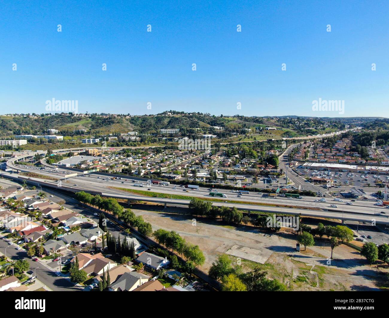 Aerial view of highway with traffic surrounded by houses in Diamond Bar ...