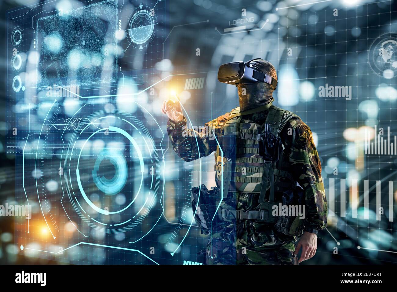 Soldier in glasses of virtual reality. Military concept of the future ...