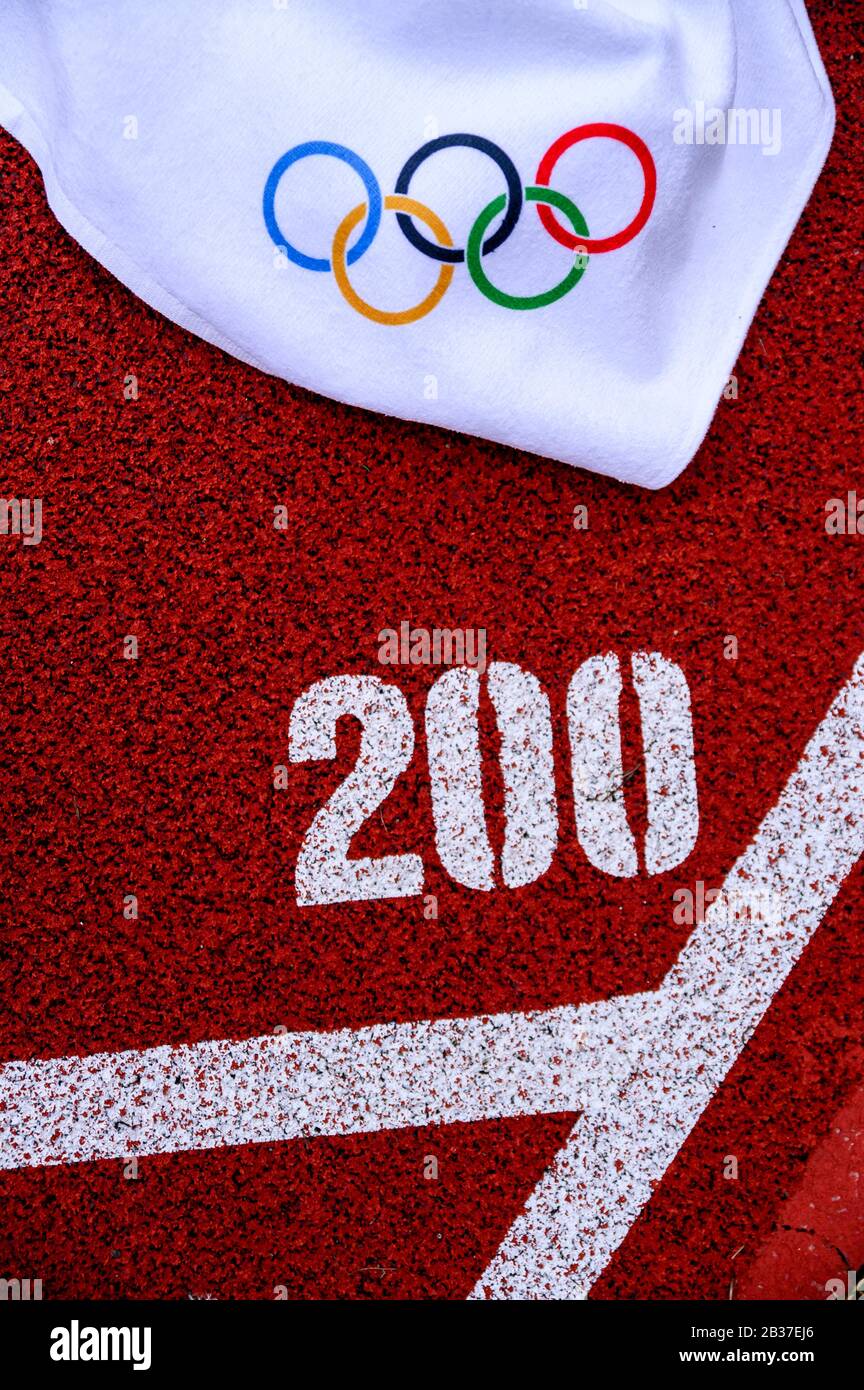 TOKYO, JAPAN, MARCH 5. 2020: Olympic background for 200 meters sprint ...