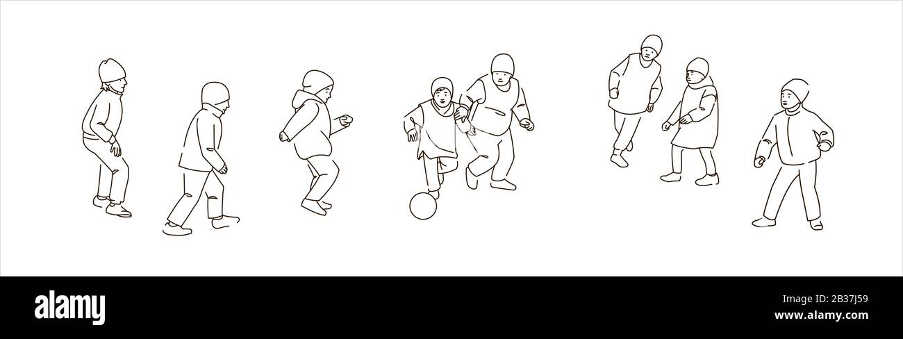 Children are playing football. The boys are kicking the ball. Outline ...