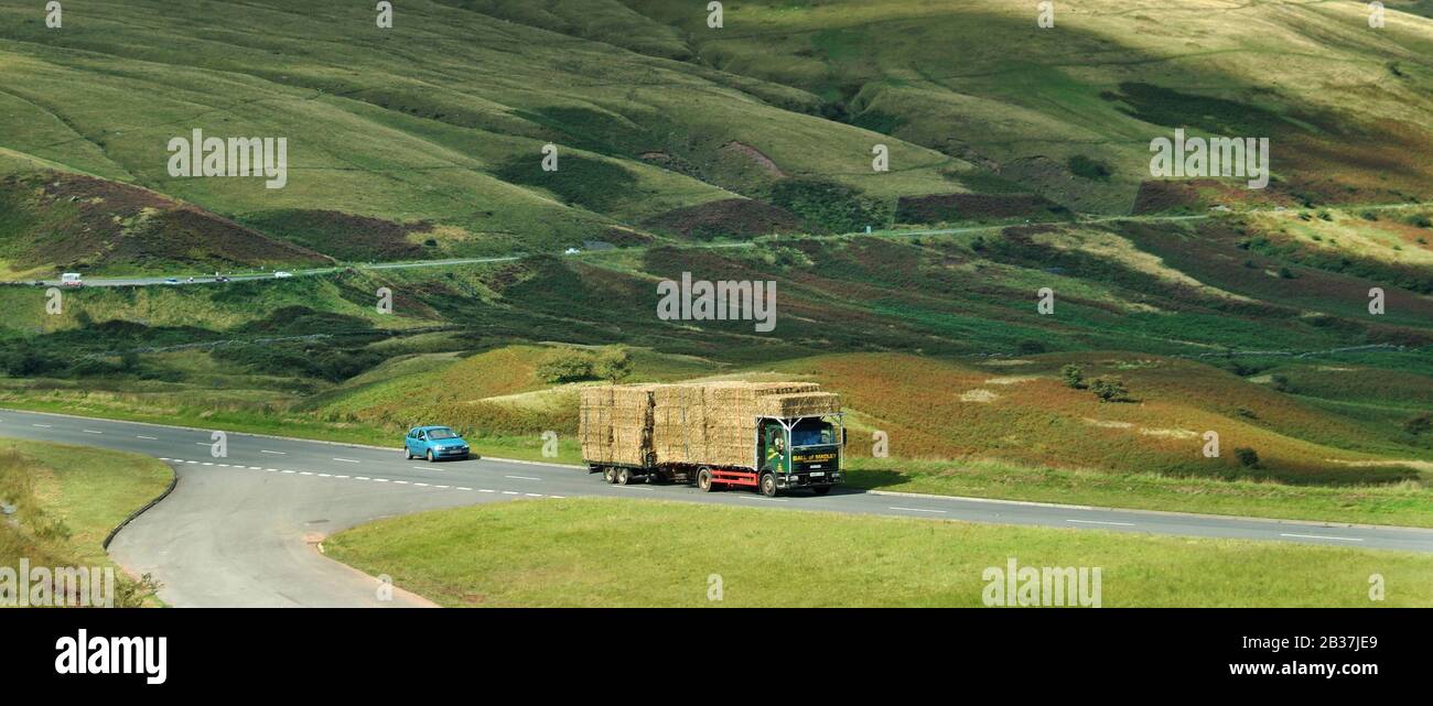 Flatbed lorry truck & trailer load of bales A470 landscape road Brecon ...