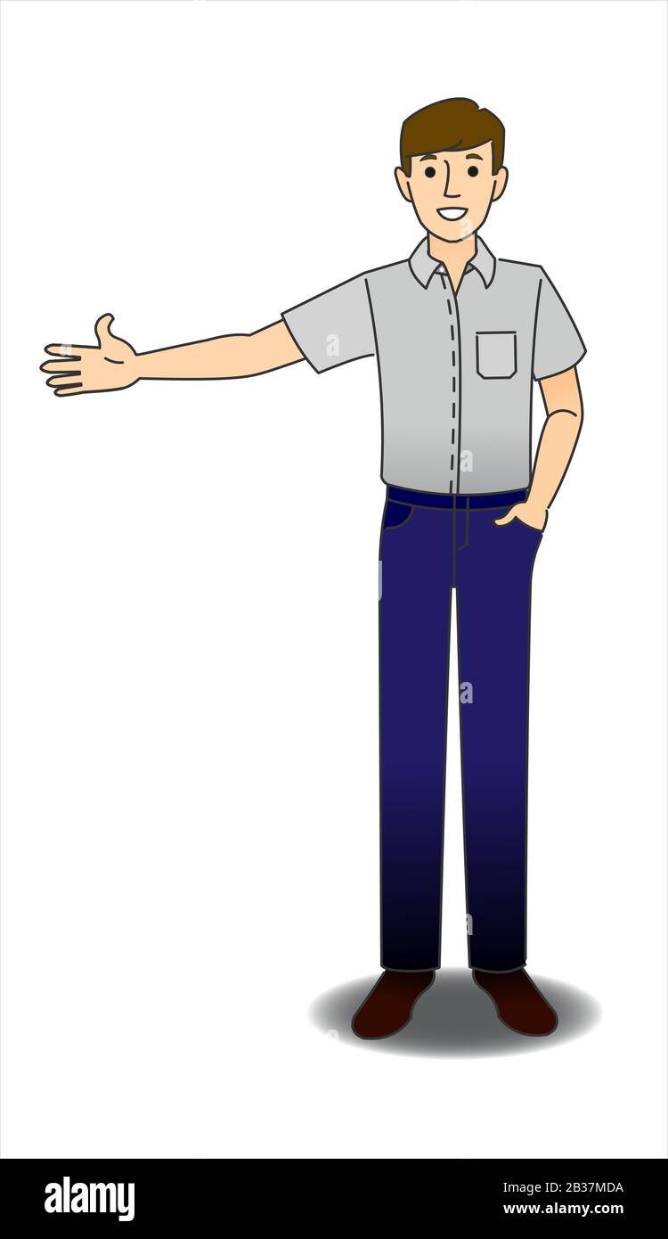 A young man in a shirt and trousers shows to the side, stands and ...