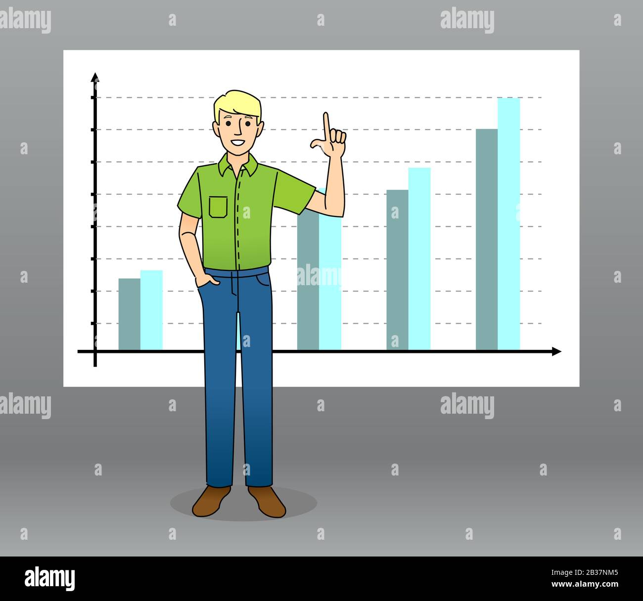 man stands on the background of the line chart, shows the chart with ...