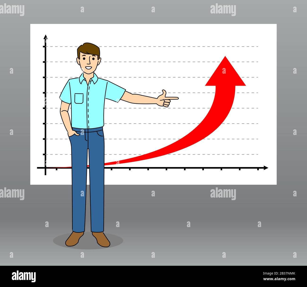 man stands on the background of the line chart, shows the chart with ...