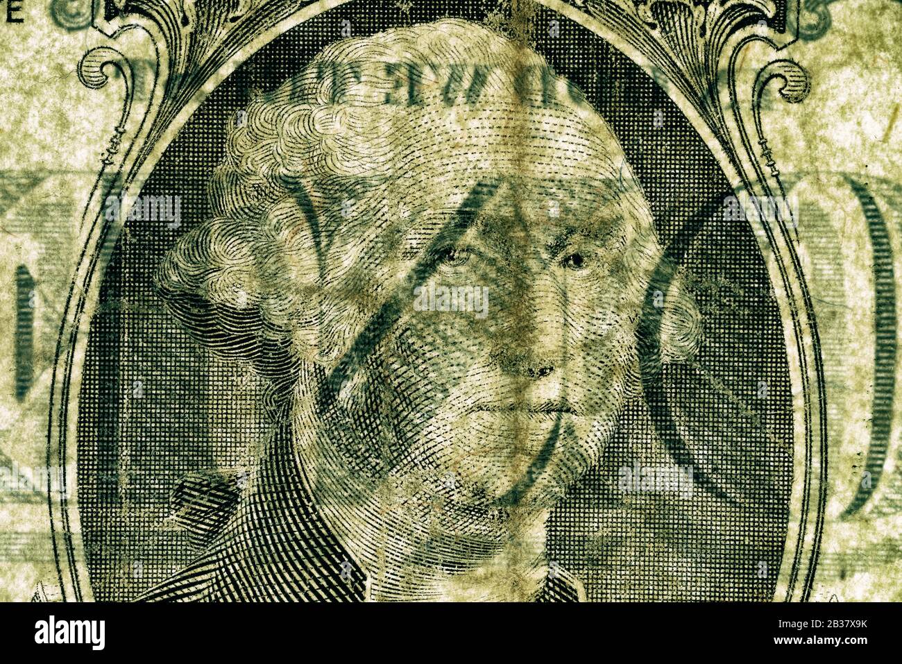Close-up at US president Washington's face, highly magnified surface of ...