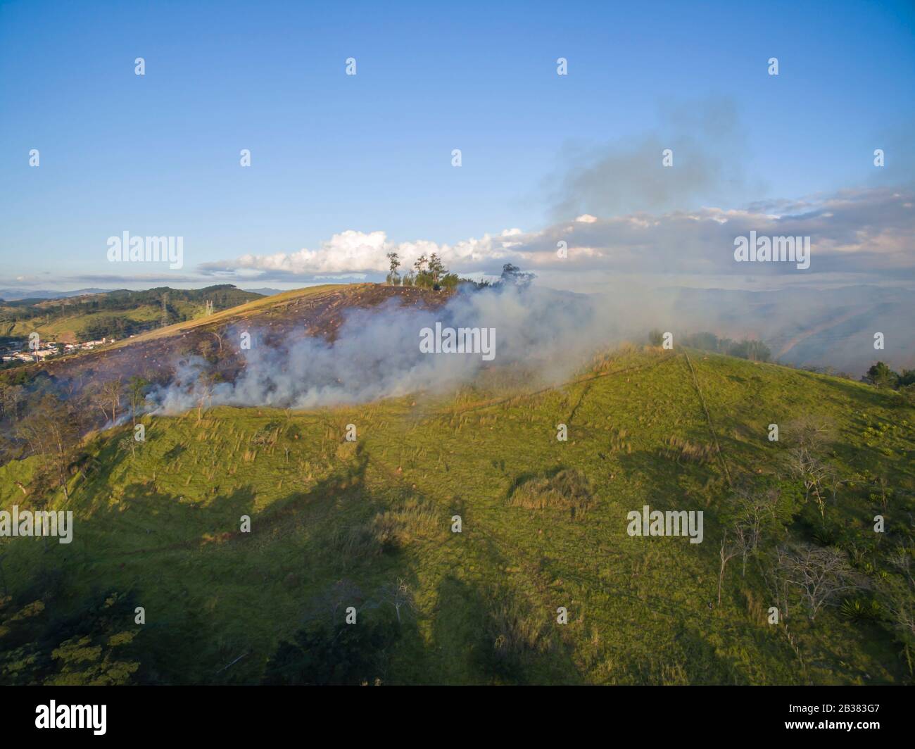 Grassland fire. Aerial view smoke of wildfire. Fire in the bush of ...
