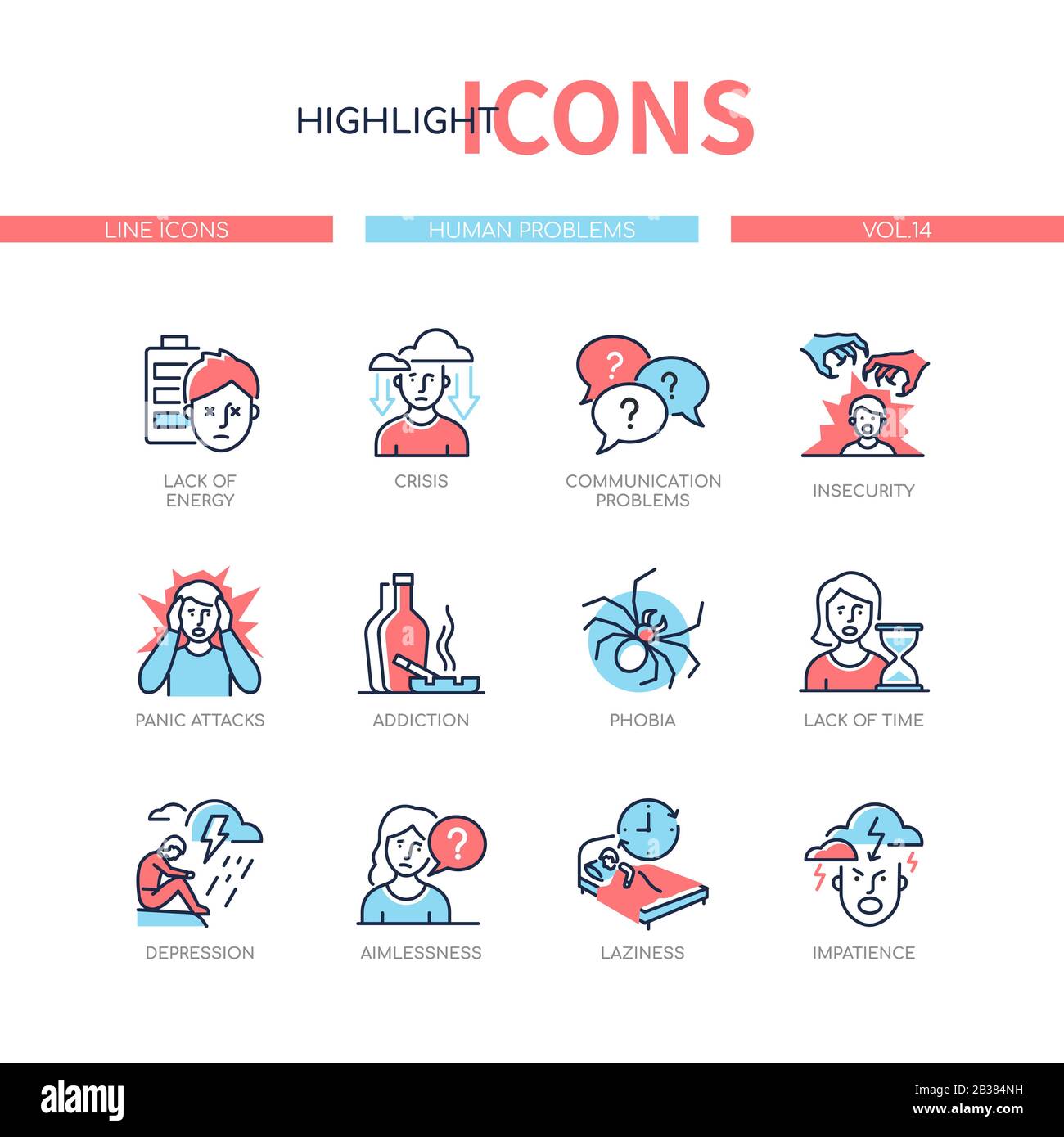 Human psychological problems - line design style icons set Stock Vector ...