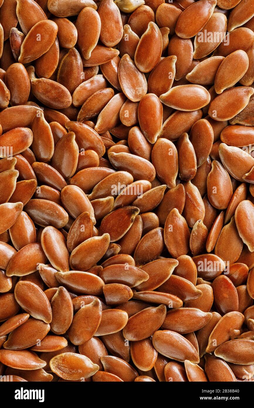 Background texture of seeds of dark brown flax. Grain on butter. Useful ...