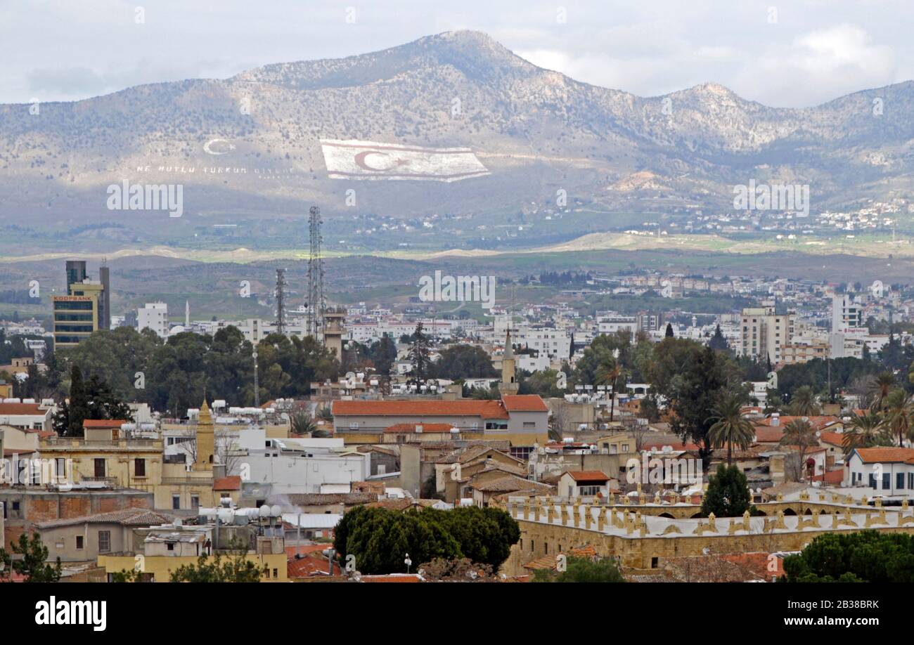 20 February 2020 - Nicosia, Cyprus: The flags of Turkey and the so ...