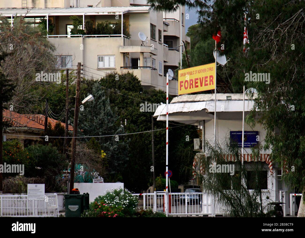 20 February 2020 - Nicosia, Cyprus: Sign at the border in Nicosia, with ...