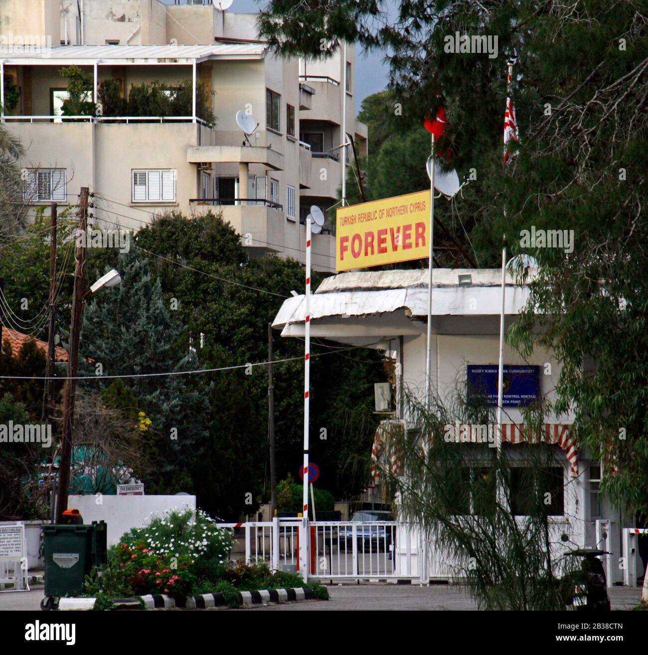 20 February 2020 - Nicosia, Cyprus: Sign at the border in Nicosia, with ...