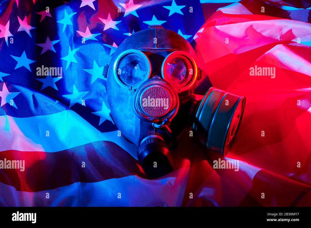 Vintage gas mask with American flag with red and blue lights for war ...