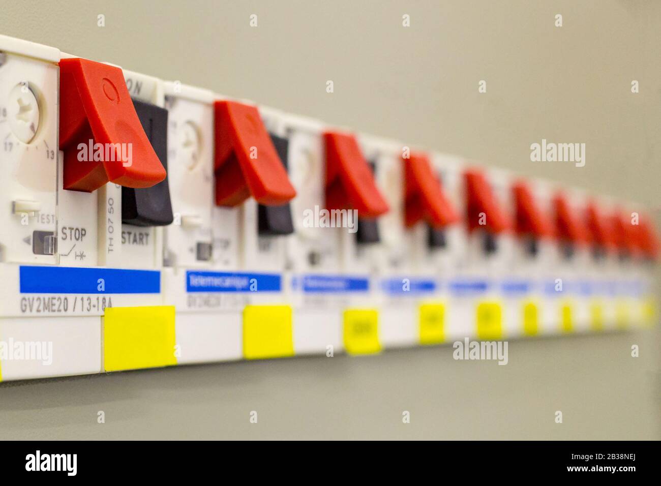 Voltage switchboard with circuit breakers. Electrical background Stock ...