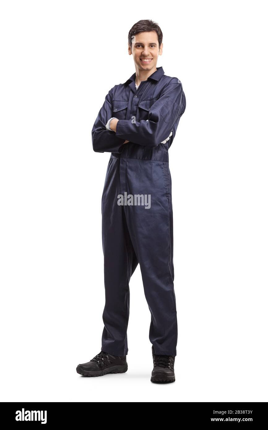 Full length portrait of a young male worker in an overall uniform ...