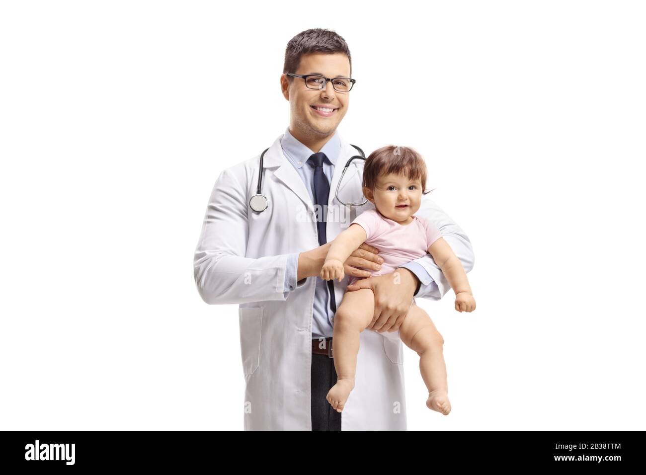 Pediatrician doctor holding a baby girl and smiling at the camera ...