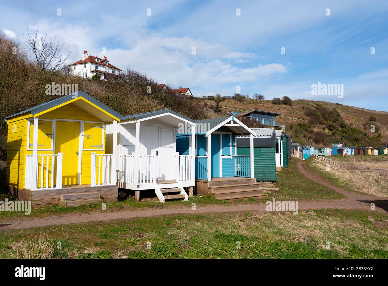 Wooden beach huts at Coldingham Bay in Berwickshire, Scottish Borders ...