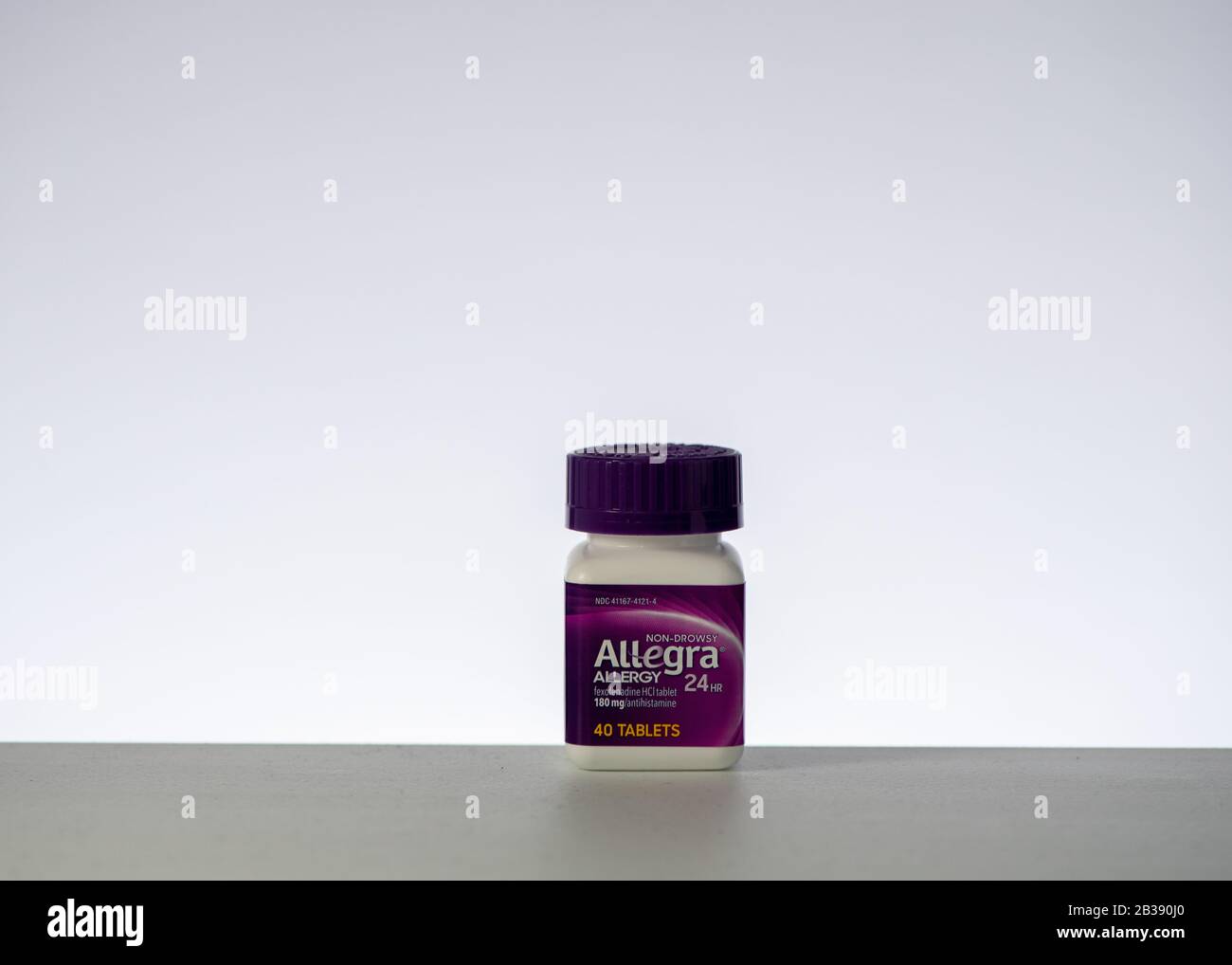 Davis, CA, 09 February, 2020.. Bottle of Allegra against white ...