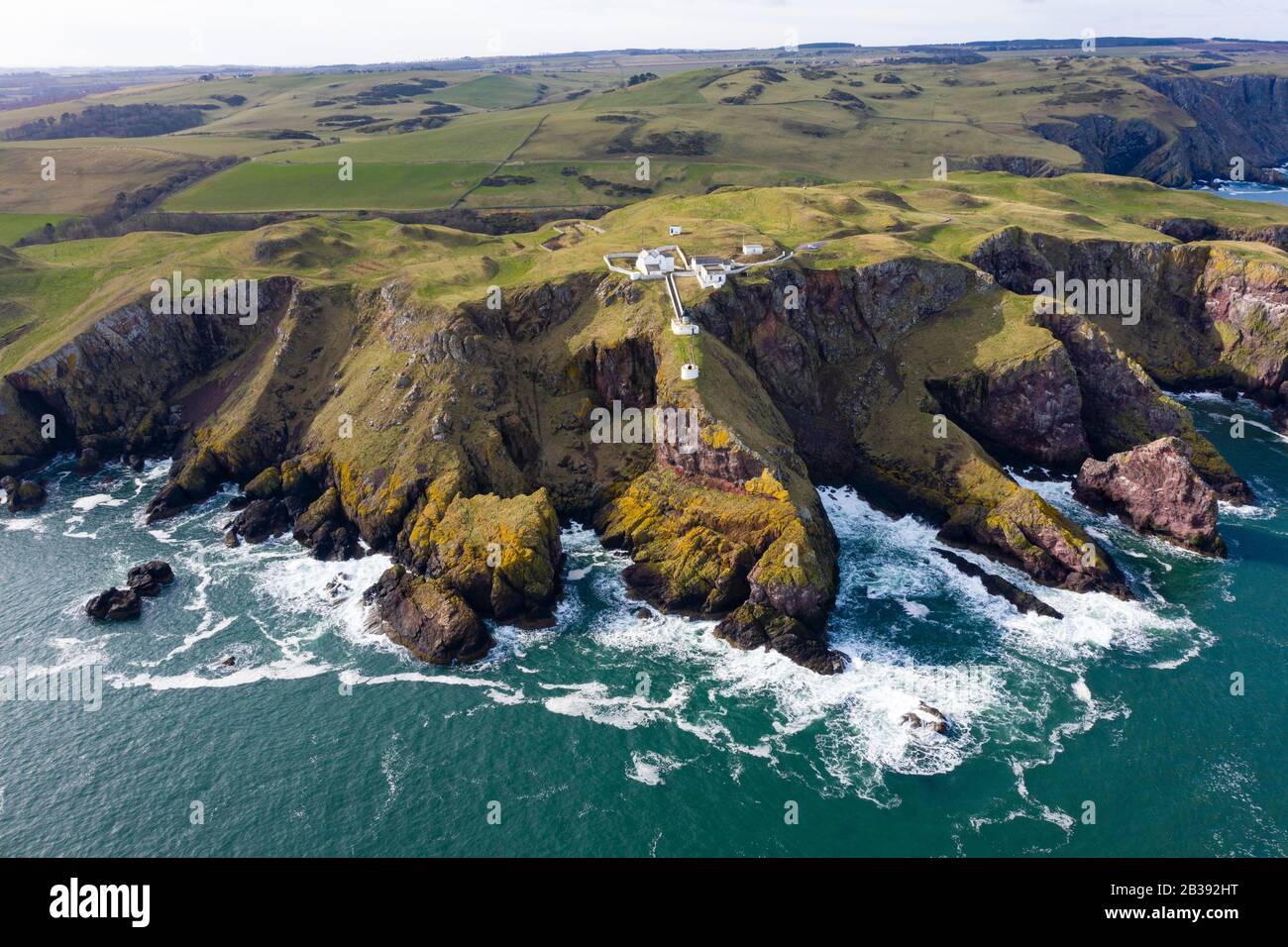 Aerial view of St Abbs Head with lighthouse in Scottish Borders ...