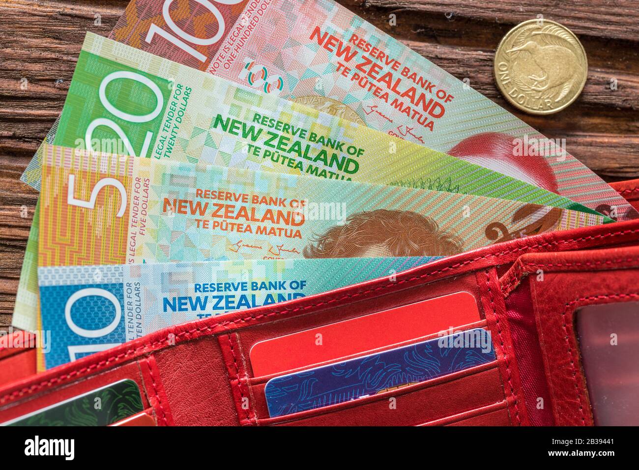 New Zealand money in the wallet on the wooden table top Stock Photo - Alamy